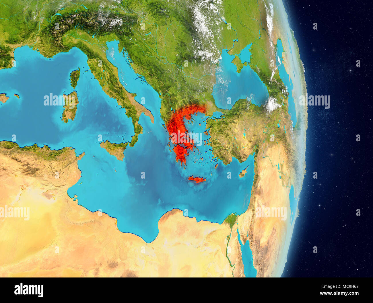 Highlighted Satellite Image Of Greece High Resolution Stock Photography ...