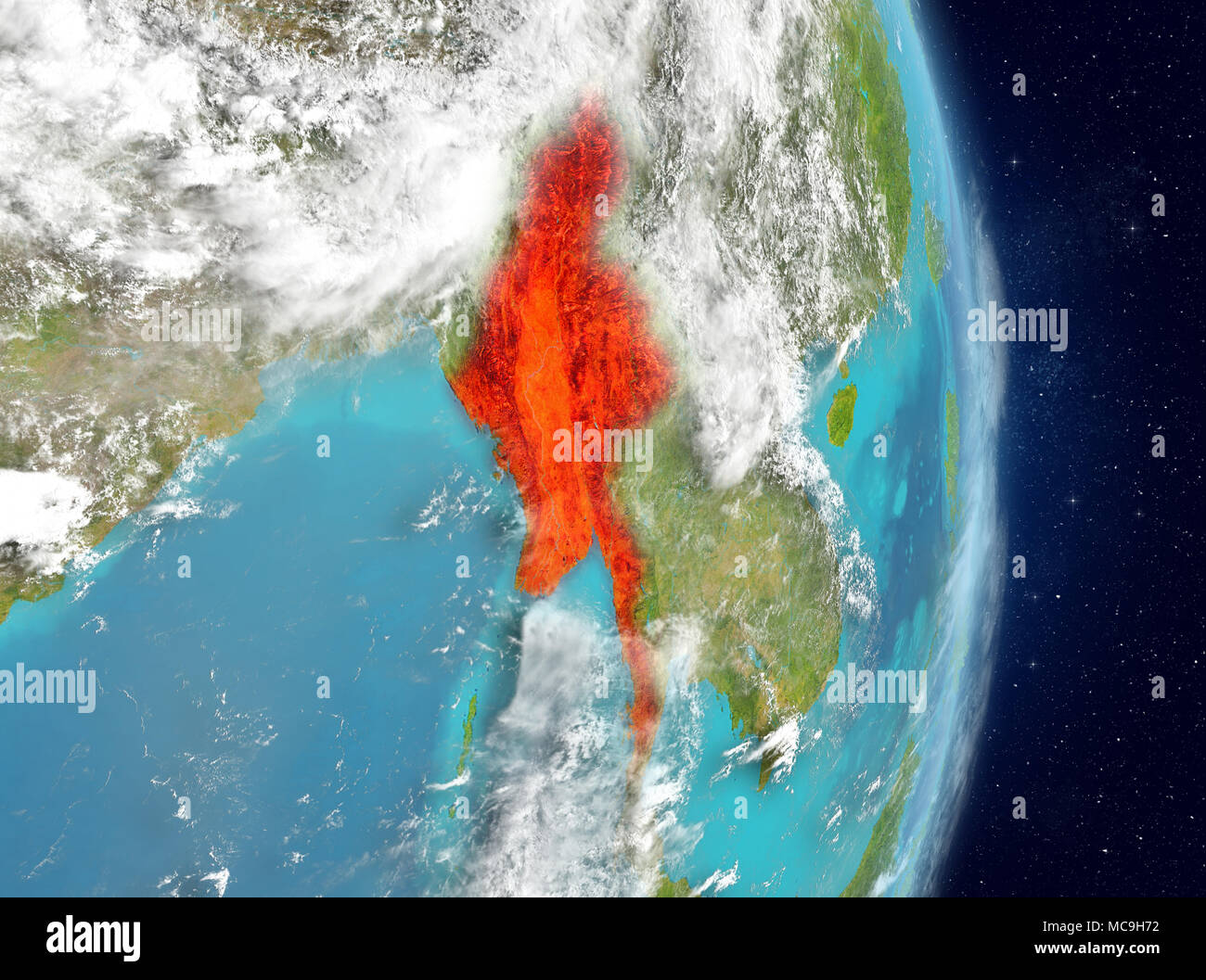 Space view of Myanmar highlighted in red on planet Earth with ...