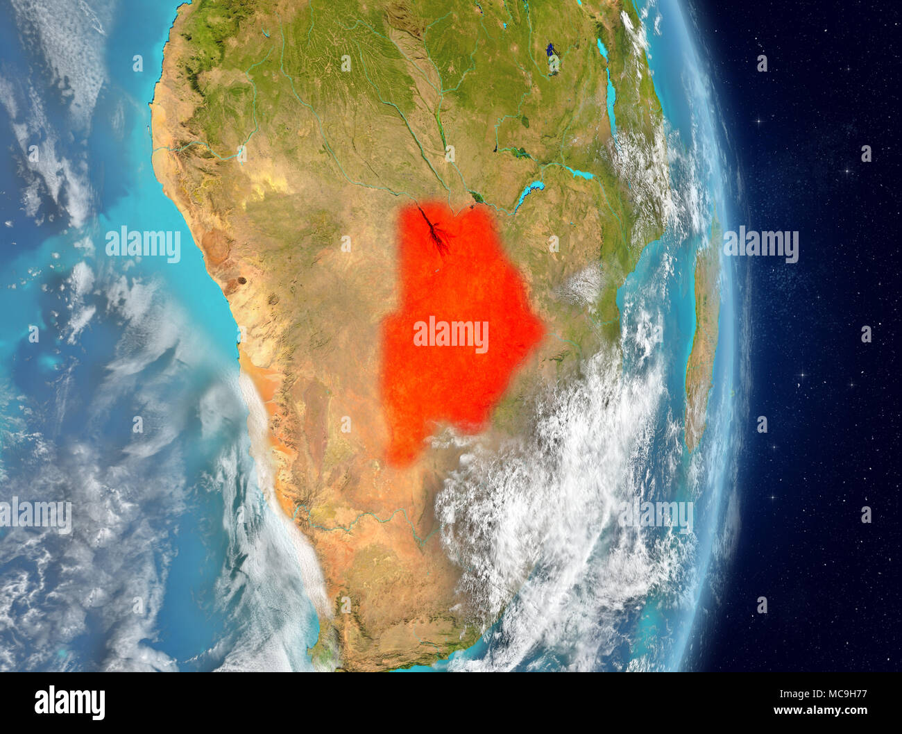 Space view of Botswana highlighted in red on planet Earth with ...