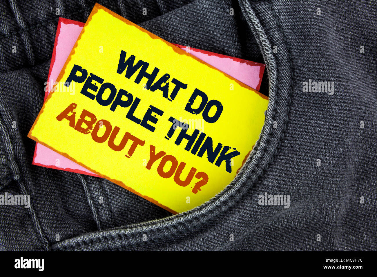 Writing note showing What Do People Think About You Question. Business ...