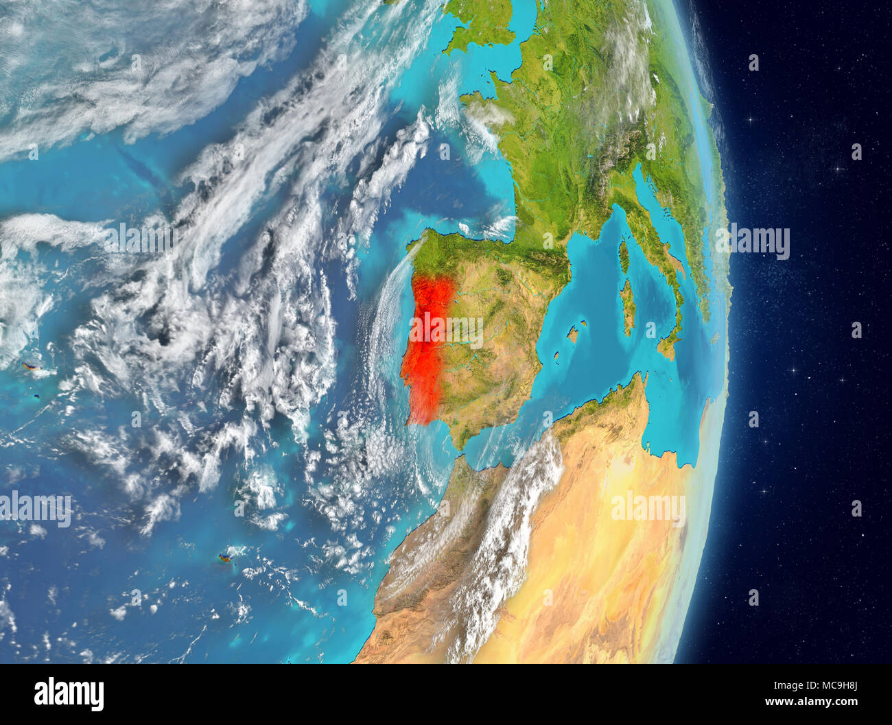 Space view of Portugal highlighted in red on planet Earth with ...