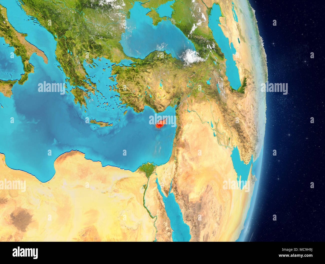 Space view of Cyprus highlighted in red on planet Earth with atmosphere ...
