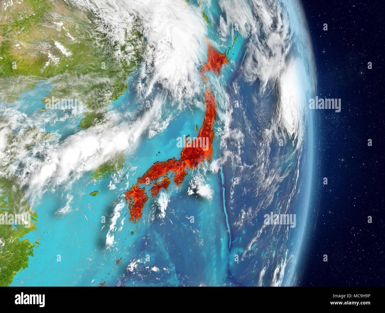 Space view of Japan highlighted in red on planet Earth with atmosphere ...