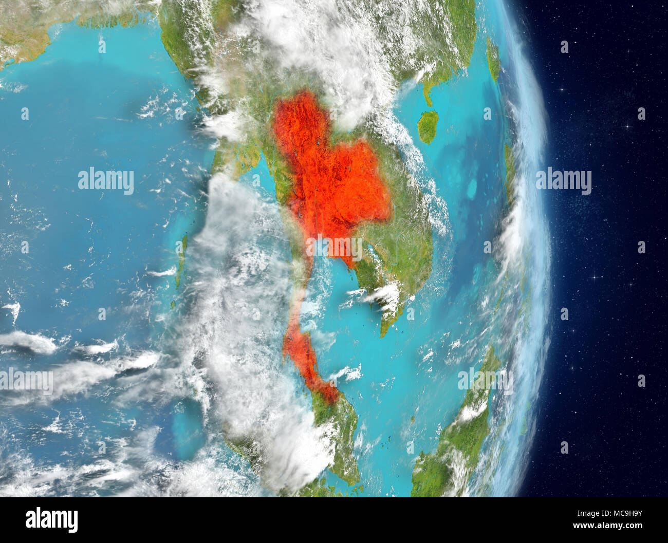 Space view of Thailand highlighted in red on planet Earth with ...