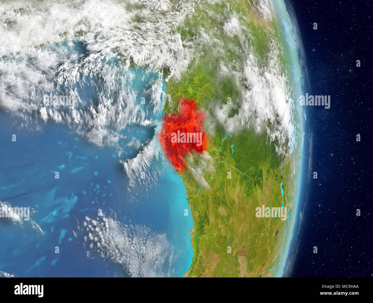 Space view of Gabon highlighted in red on planet Earth with atmosphere ...