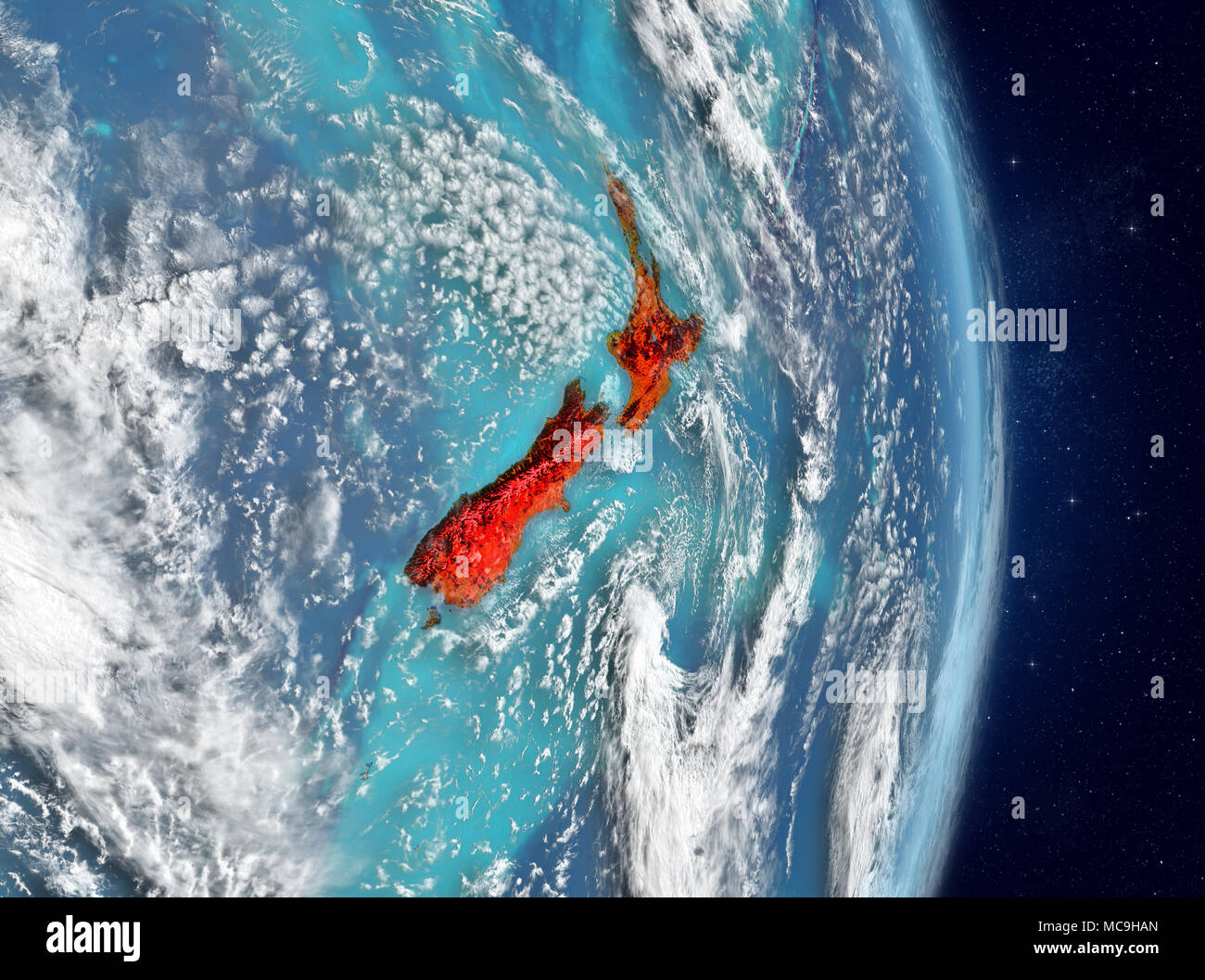 Space view of New Zealand highlighted in red on planet Earth with ...