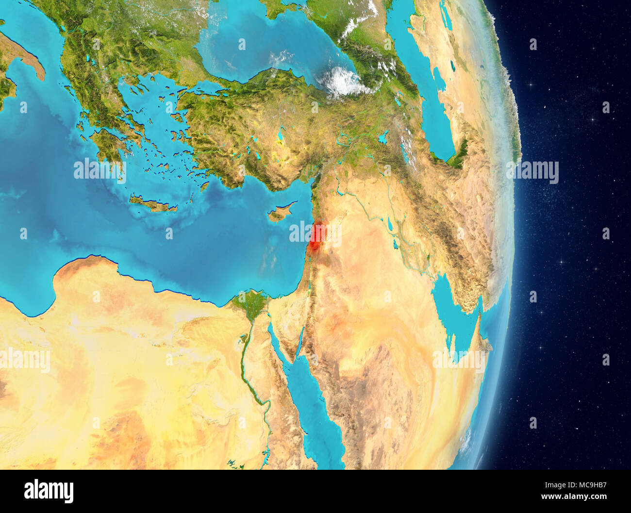 Space view of Lebanon highlighted in red on planet Earth with ...