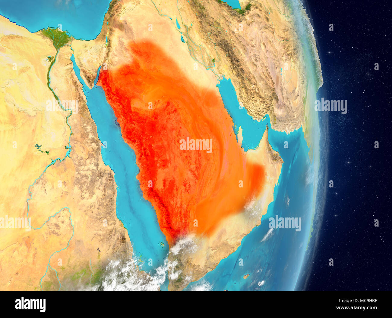 Space view of Saudi Arabia highlighted in red on planet Earth with ...