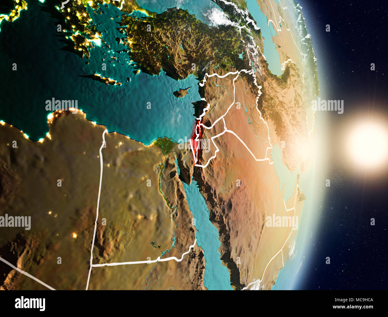 Israel during sunrise highlighted in red on planet Earth with visible ...