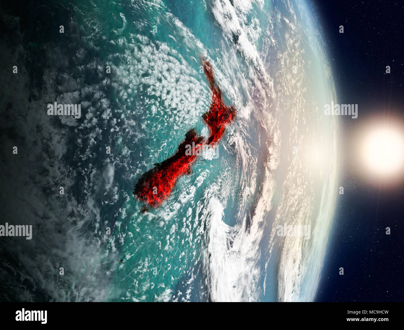 New Zealand during sunrise highlighted in red on planet Earth with ...