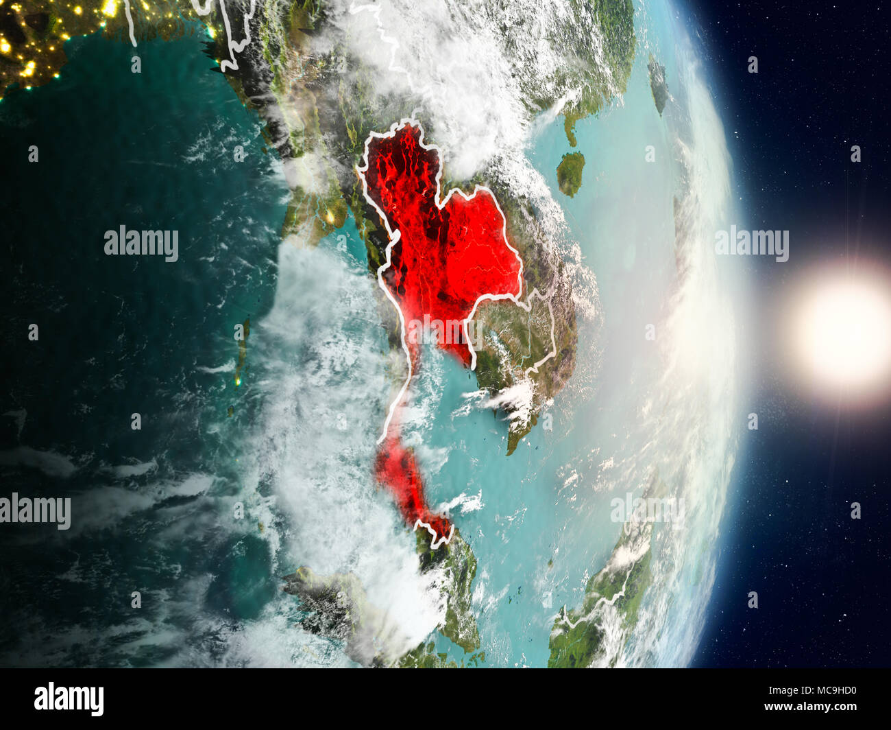 Thailand during sunrise highlighted in red on planet Earth with visible country borders. 3D ...