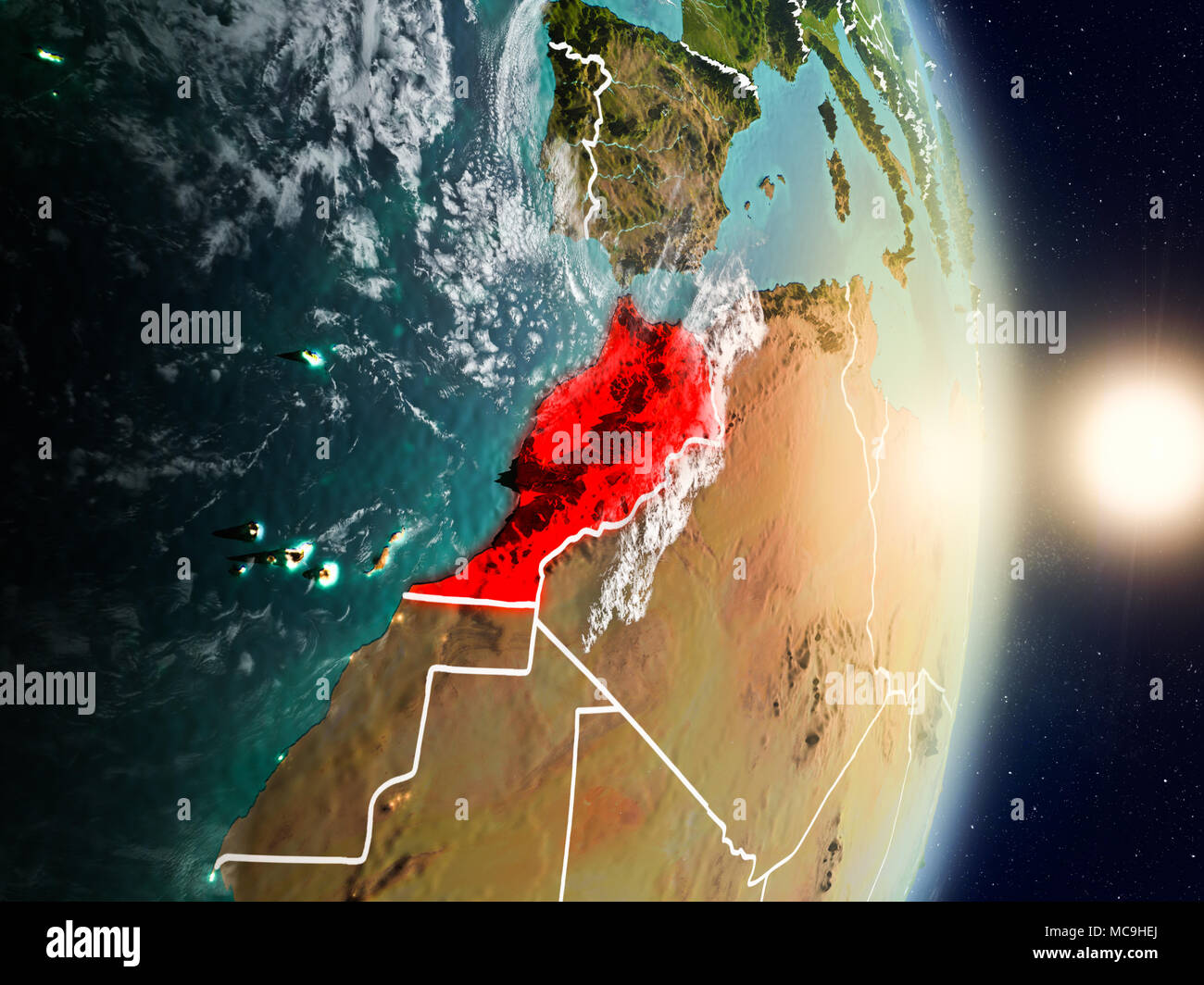 Morocco during sunrise highlighted in red on planet Earth with visible ...