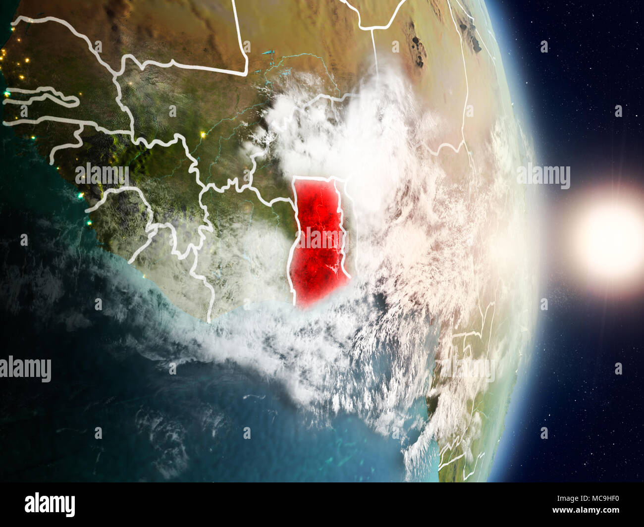 Ghana during sunrise highlighted in red on planet Earth with visible ...