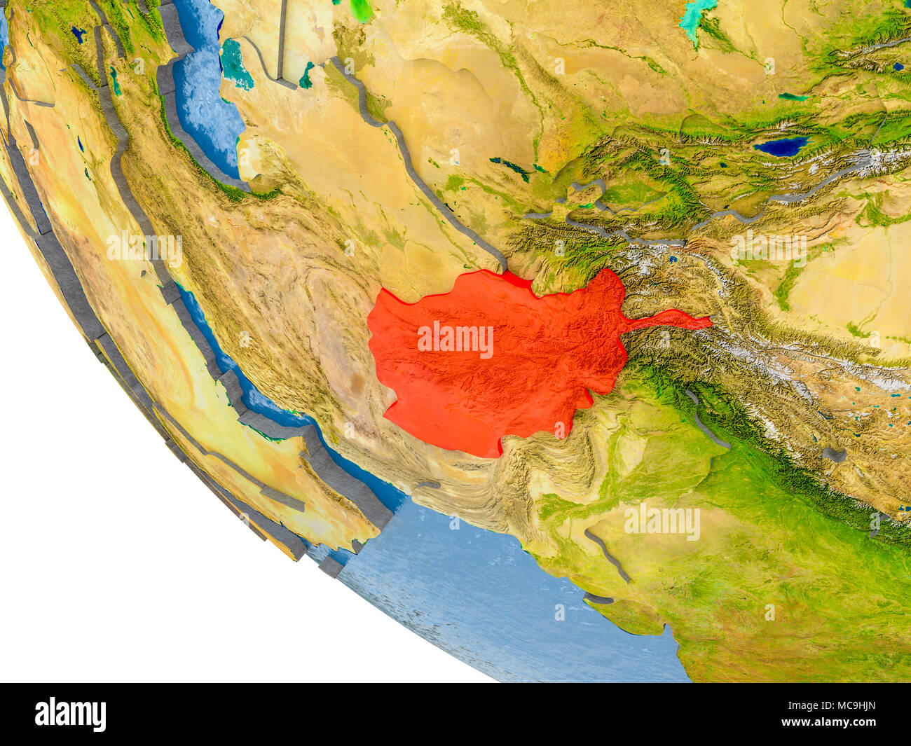 Map of Afghanistan in red on globe with real planet surface, embossed ...