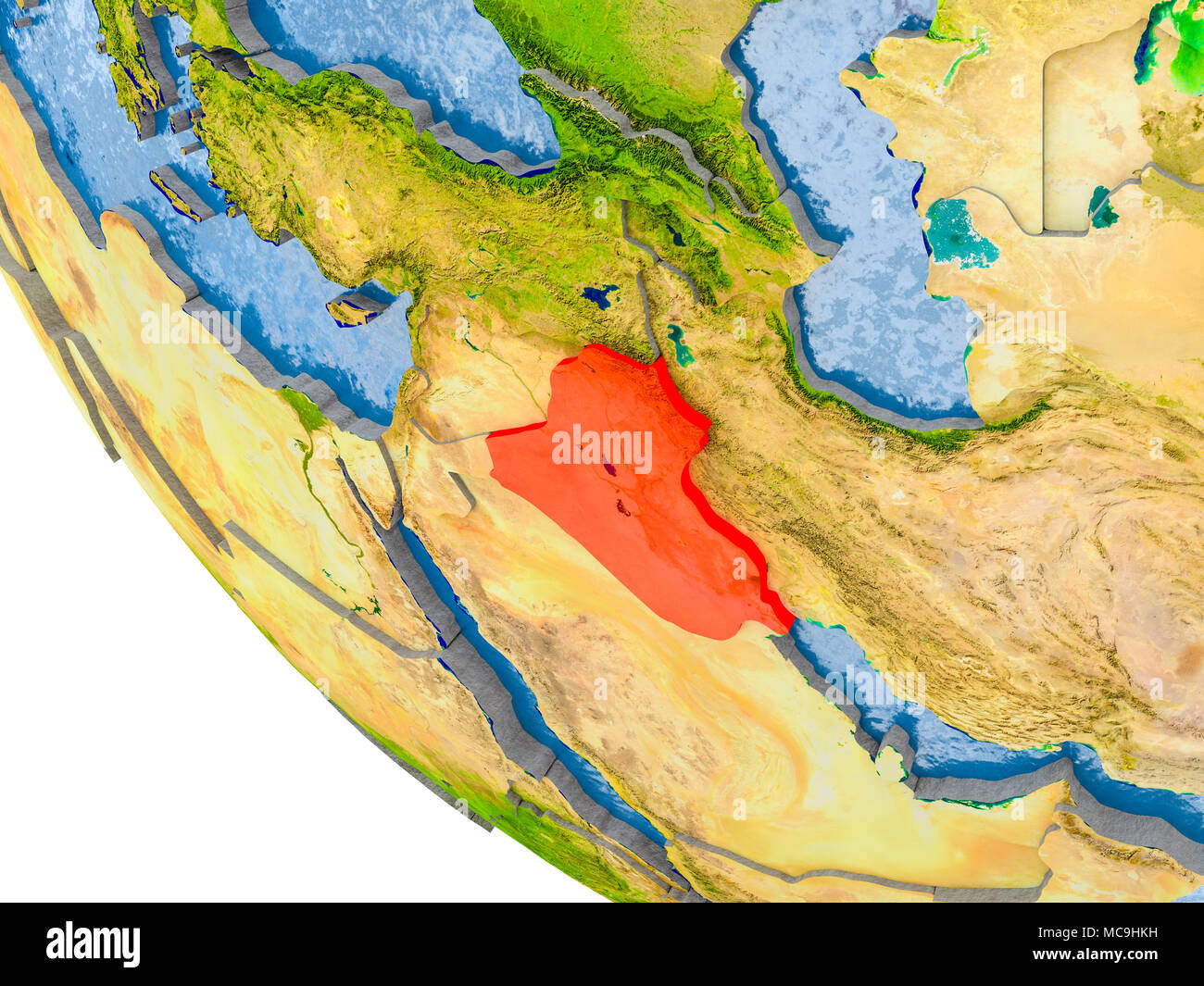 Map of Iraq in red on globe with real planet surface, embossed ...