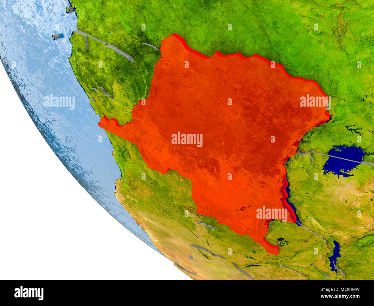 Map of Democratic Republic of Congo in red on globe with real planet ...