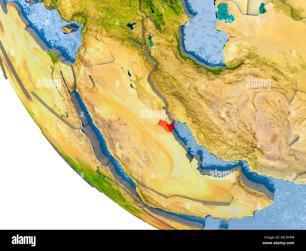 Map of Kuwait in red on globe with real planet surface, embossed ...