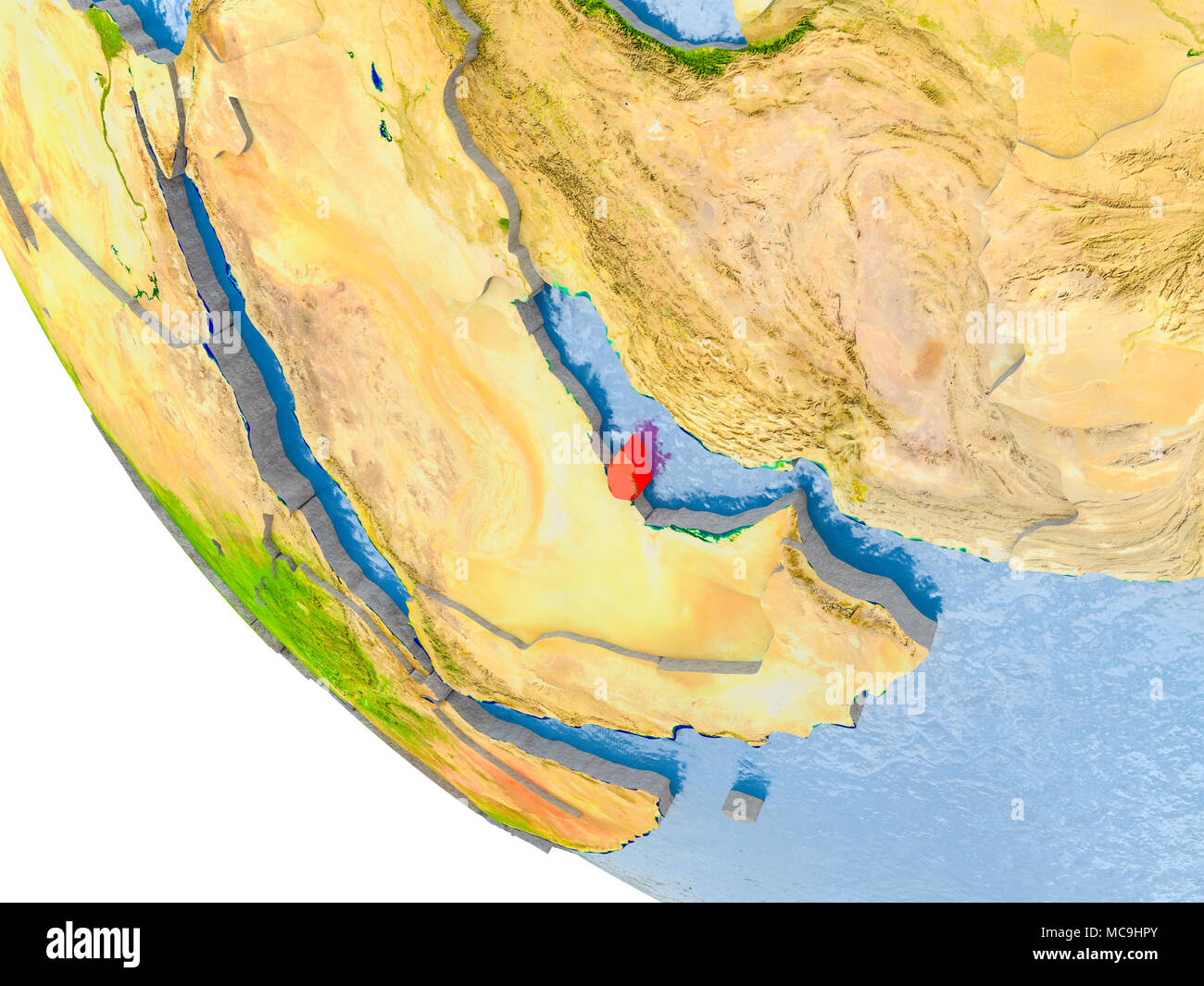 Map of Qatar in red on globe with real planet surface, embossed ...