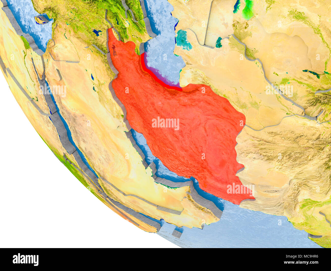 Map of Iran in red on globe with real planet surface, embossed ...