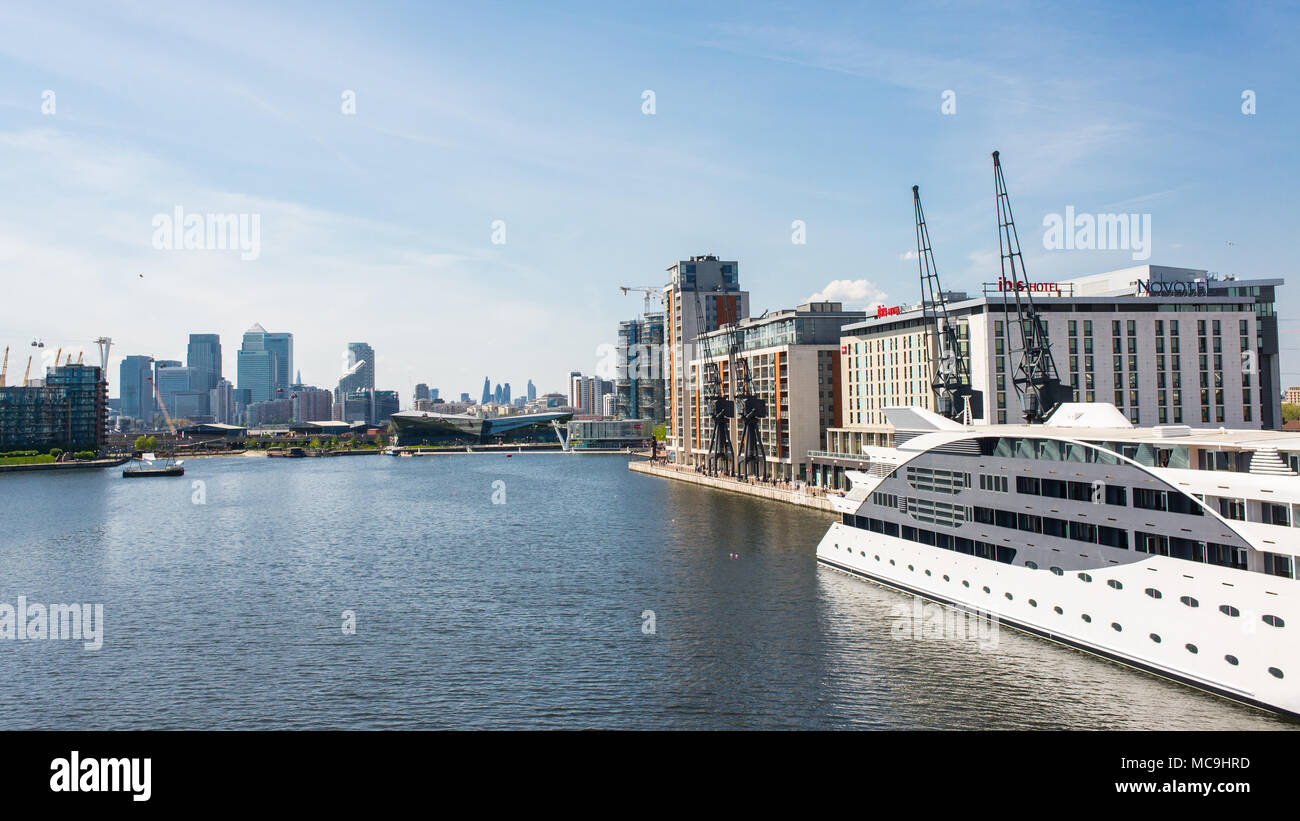 The London Royal Docks situated in East London. Big skyscrapers of ...