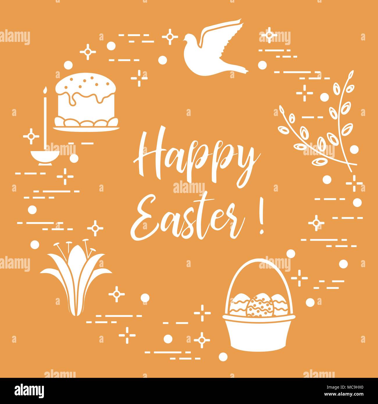 Easter symbols. Easter cake, willow branches, basket, eggs, lily ...