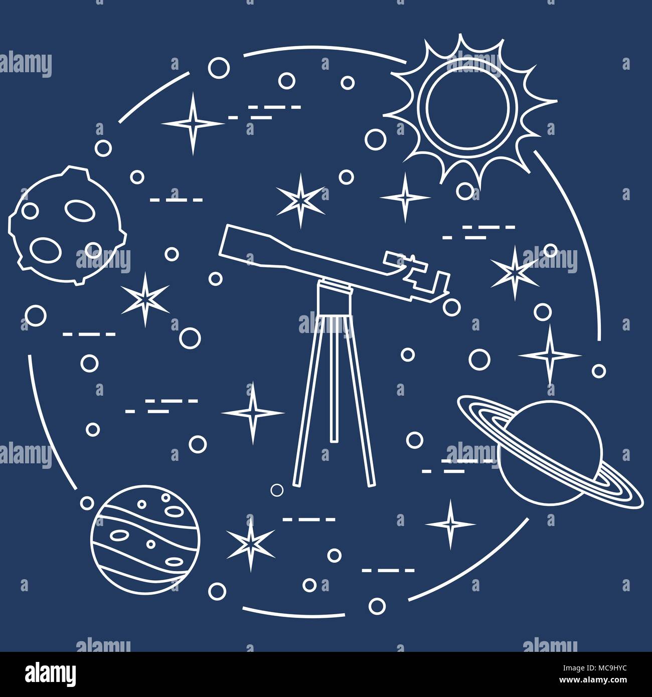 Science: telescope, sun, moon, planets, stars. Space exploration ...