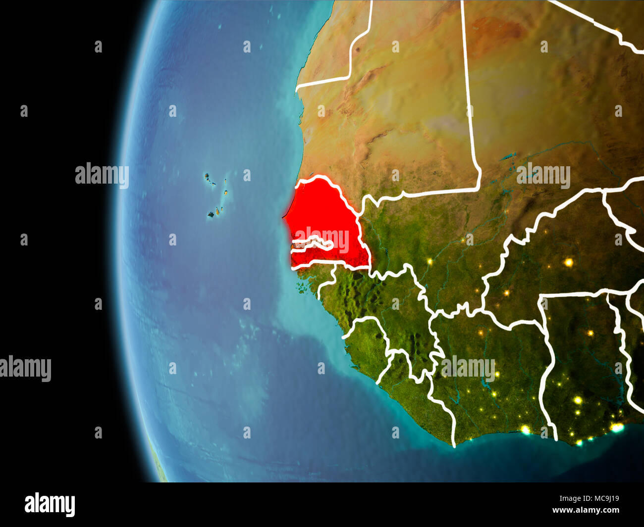 Evening over Senegal as seen from space on planet Earth with visible ...