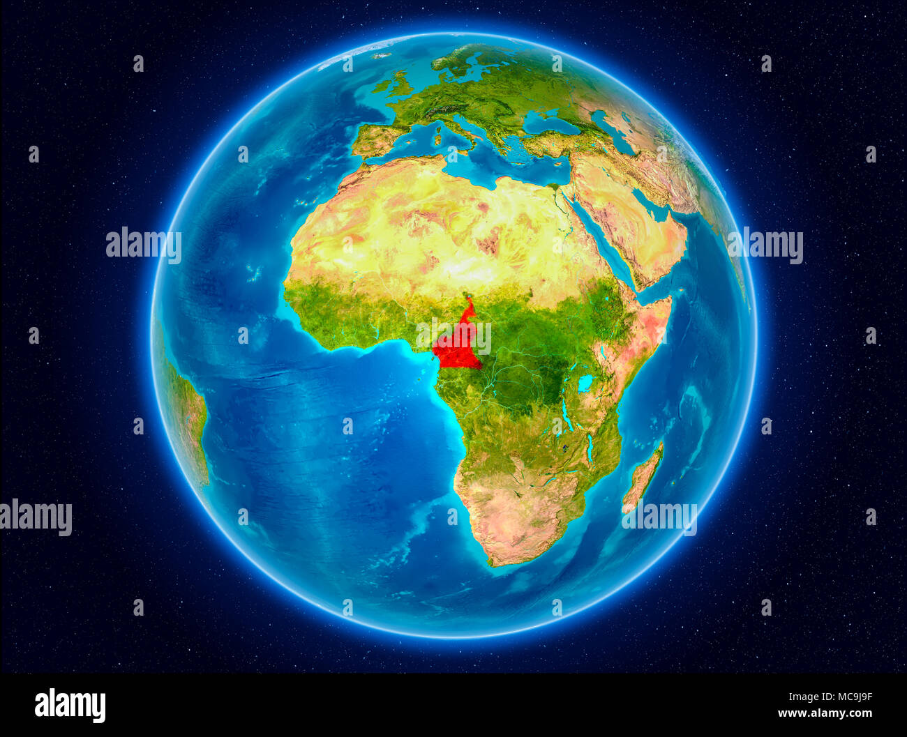 Cameroon in red from Earth’s orbit. 3D illustration. Elements of this ...