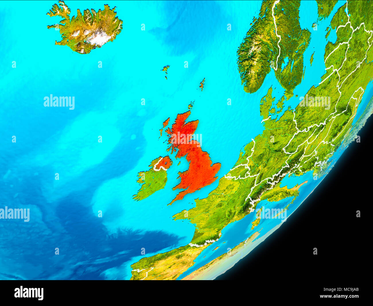 Map of United Kingdom in red as seen from space on planet Earth with ...