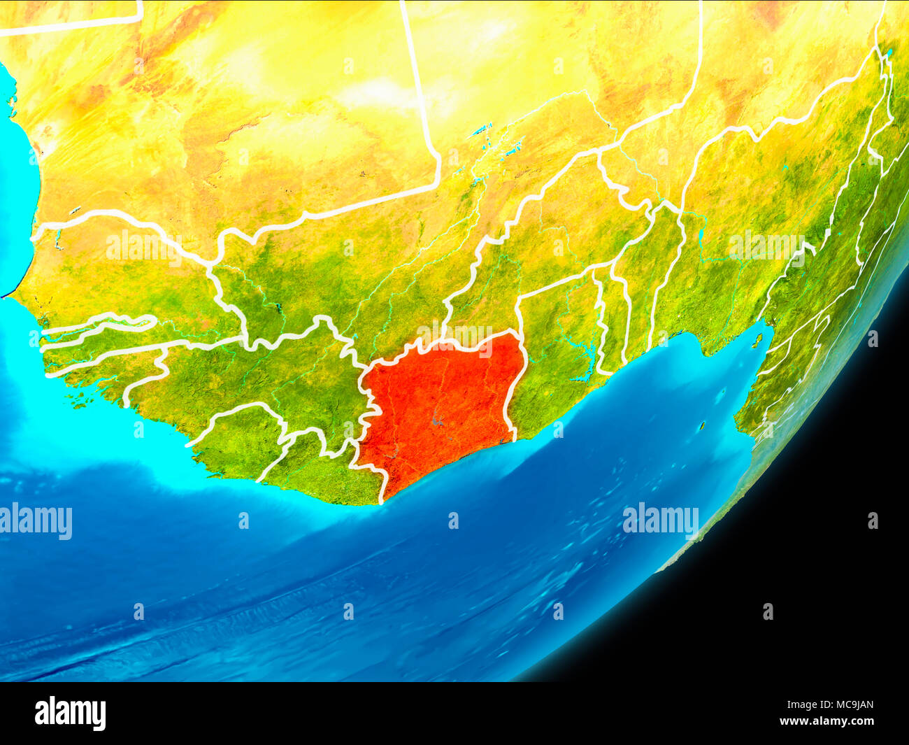 Map of Ivory Coast in red as seen from space on planet Earth with white ...
