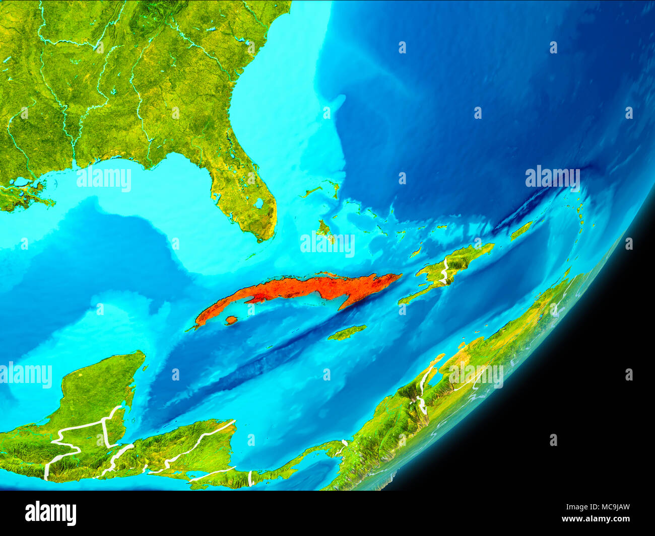 Map of Cuba in red as seen from space on planet Earth with white ...