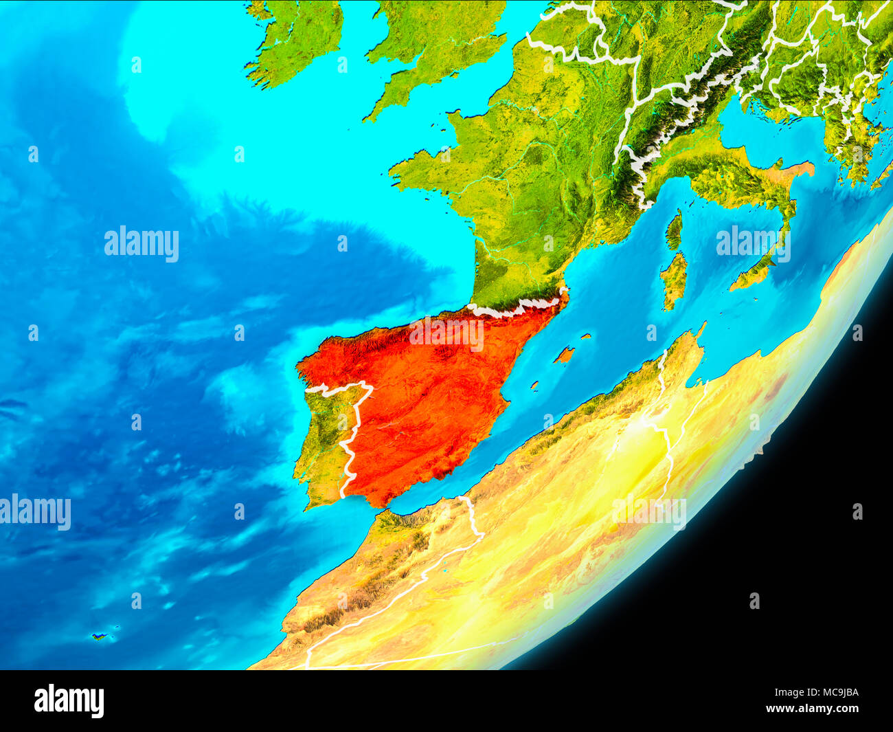 Map of Spain in red as seen from space on planet Earth with white ...