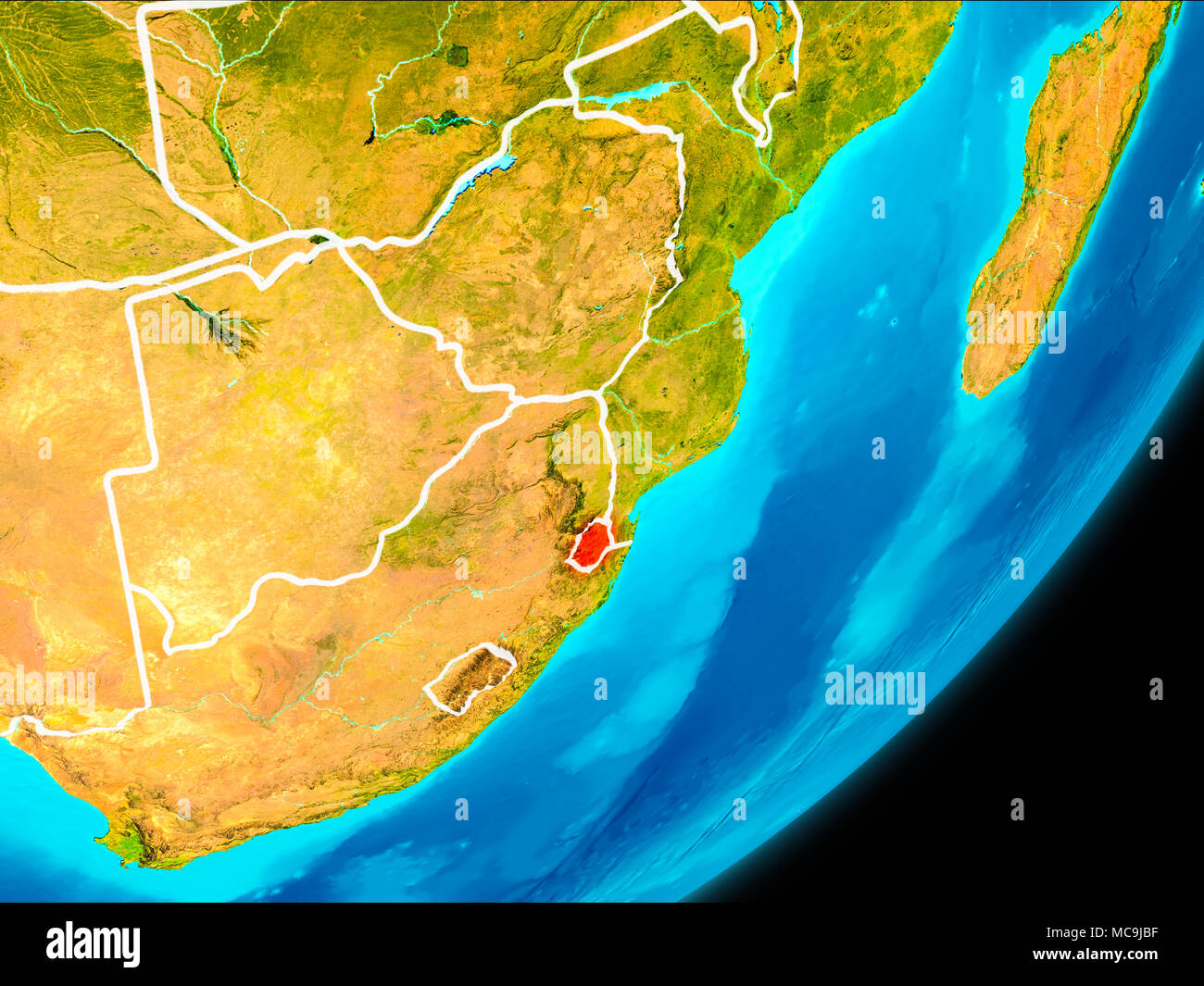 Map of Swaziland in red as seen from space on planet Earth with white ...