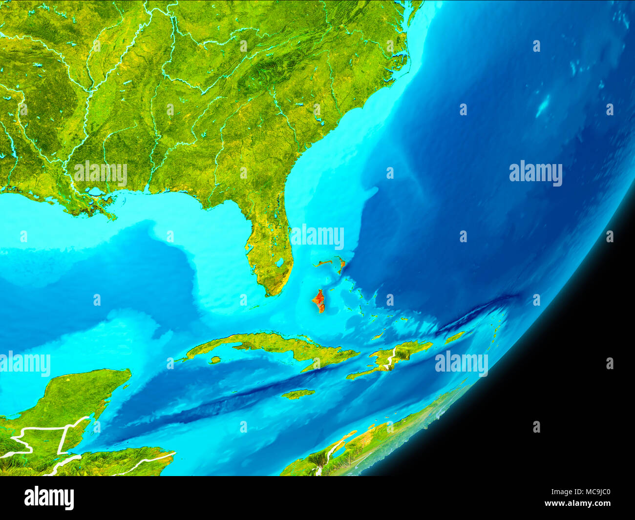 Map of Bahamas in red as seen from space on planet Earth with white ...