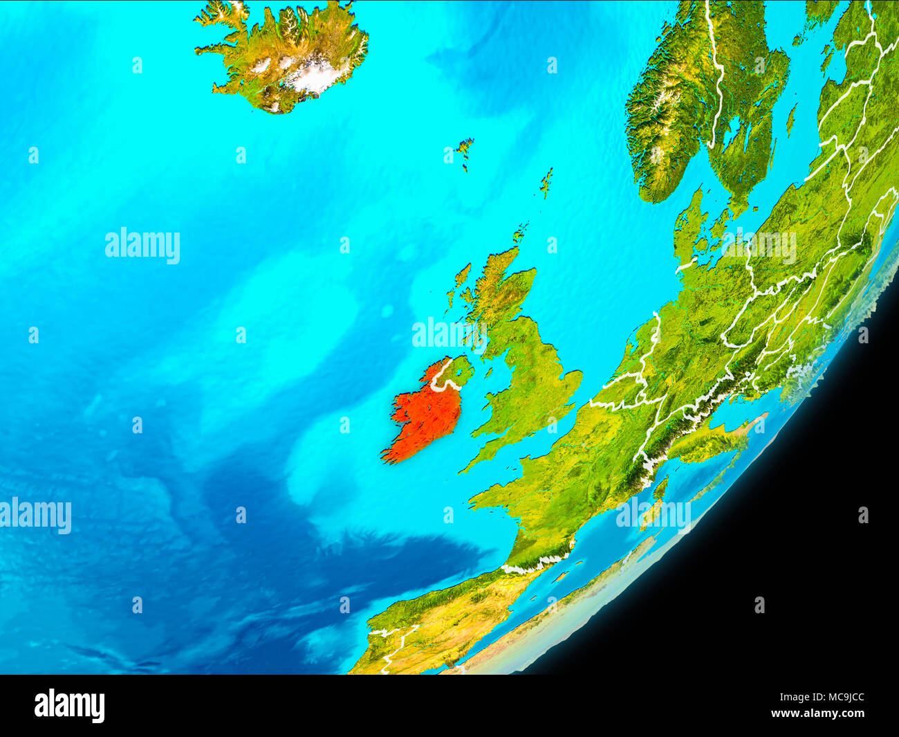 Map of Ireland in red as seen from space on planet Earth with white ...