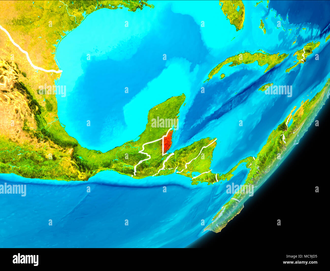 Map of Belize in red as seen from space on planet Earth with white ...