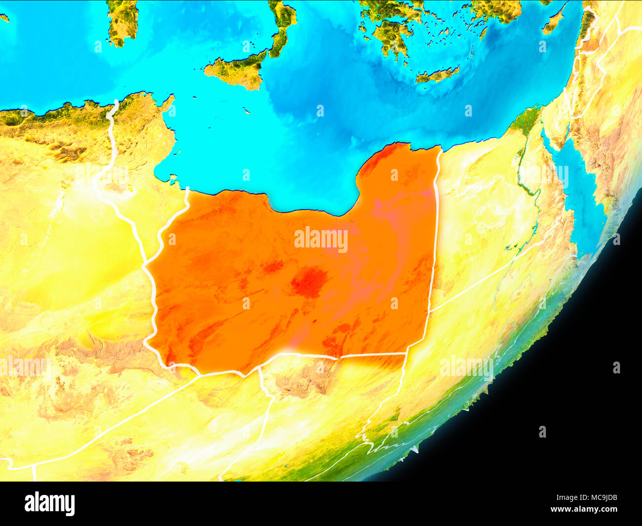 Map of Libya in red as seen from space on planet Earth with white ...