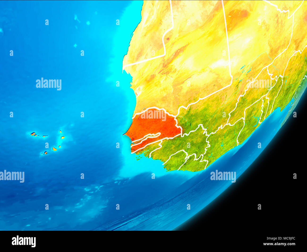 Map of Senegal in red as seen from space on planet Earth with white ...