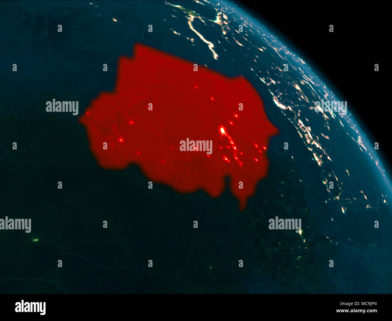 Orbit view of Sudan at night highlighted in red on planet Earth with highly detailed surface ...