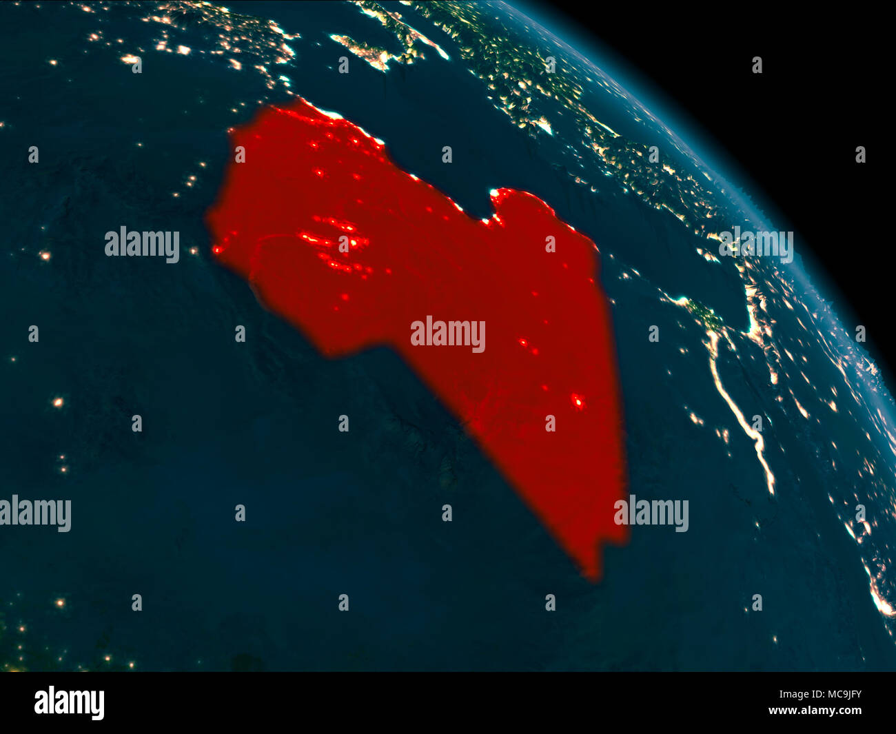 Orbit view of Libya at night highlighted in red on planet Earth with highly detailed surface ...