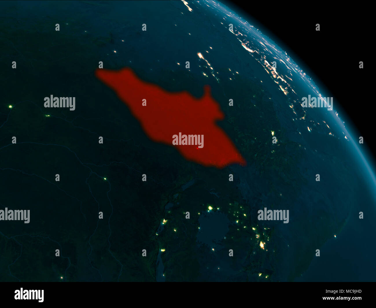 Orbit view of South Sudan at night highlighted in red on planet Earth with highly detailed ...