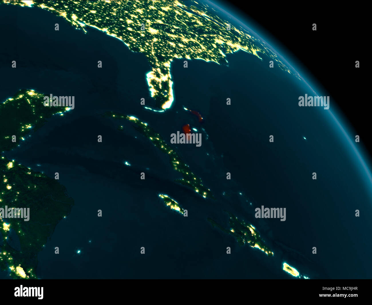 Orbit view of Bahamas at night highlighted in red on planet Earth with ...