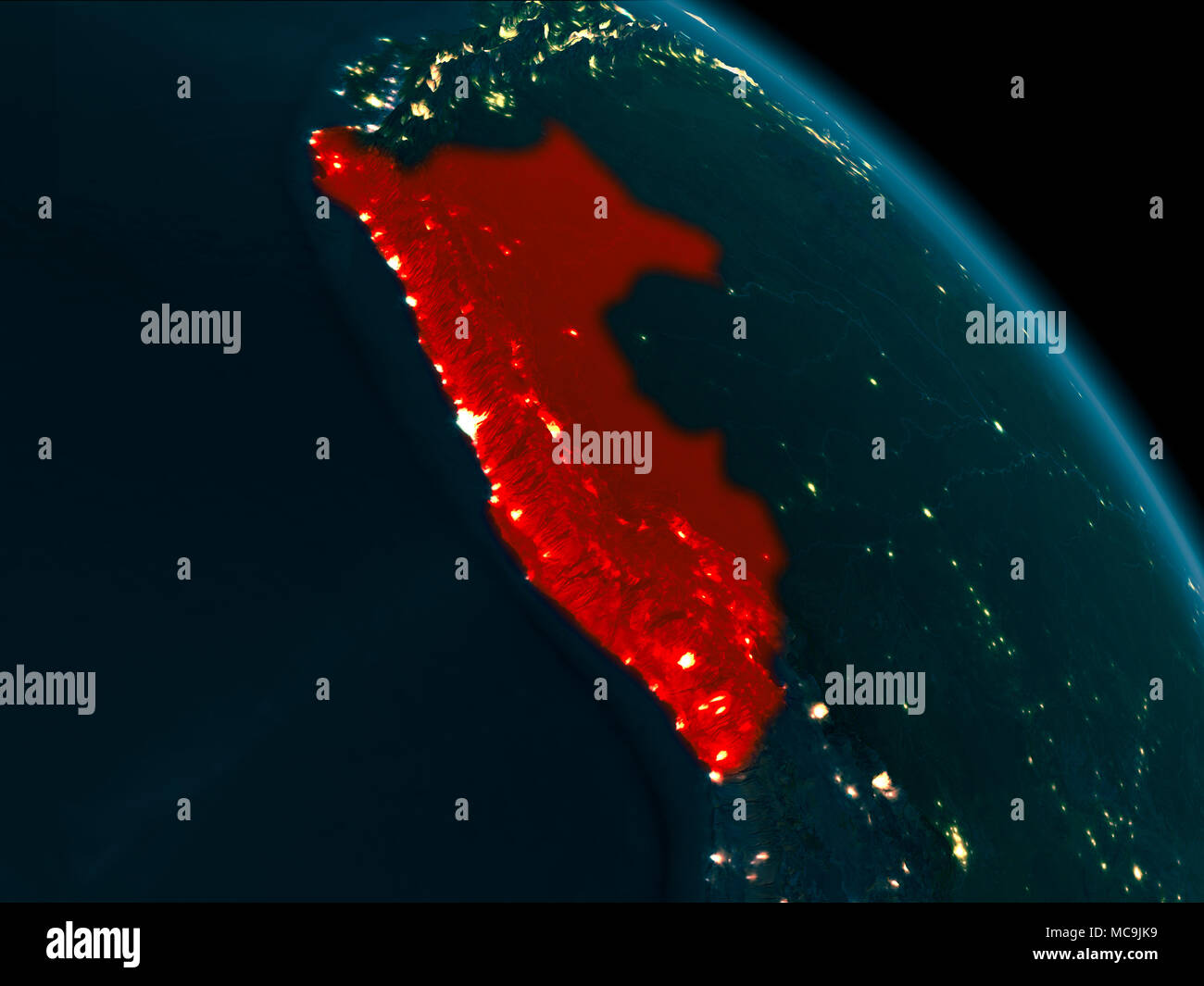 Orbit view of Peru at night highlighted in red on planet Earth with ...