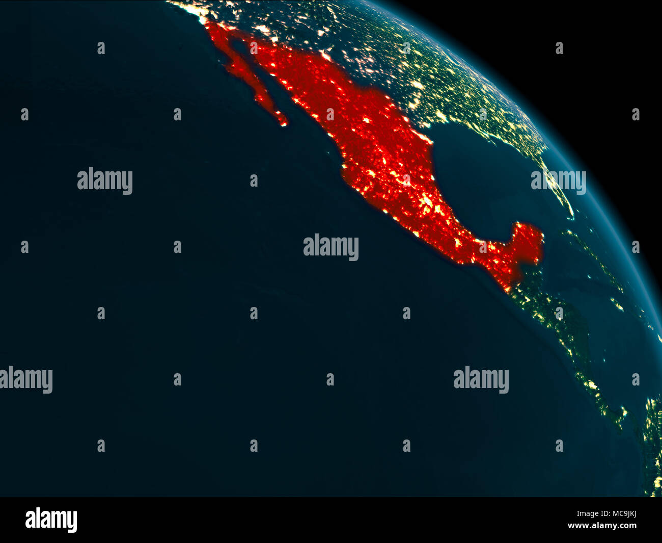 Orbit view of Mexico at night highlighted in red on planet Earth with ...