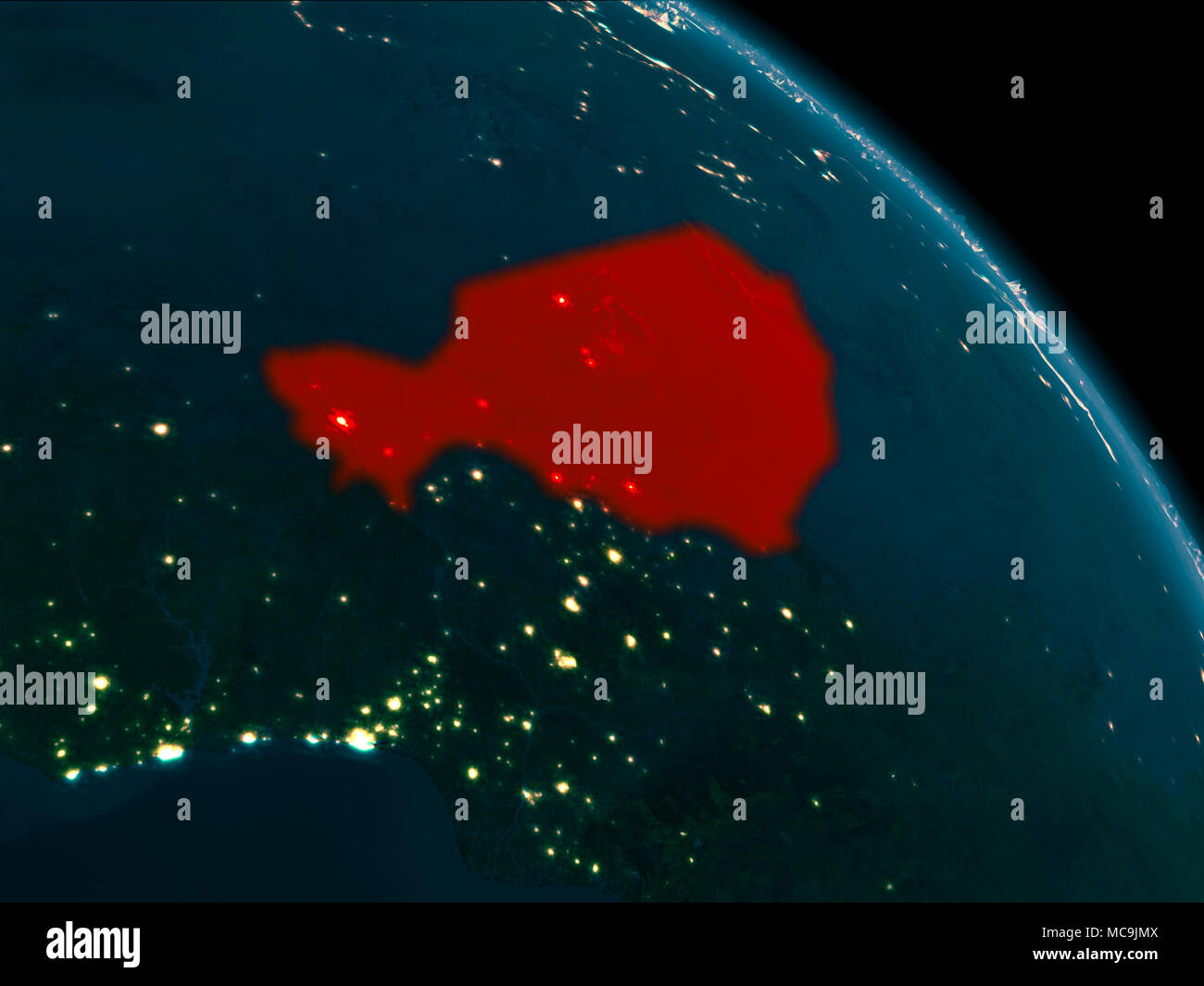 Orbit view of Niger at night highlighted in red on planet Earth with ...