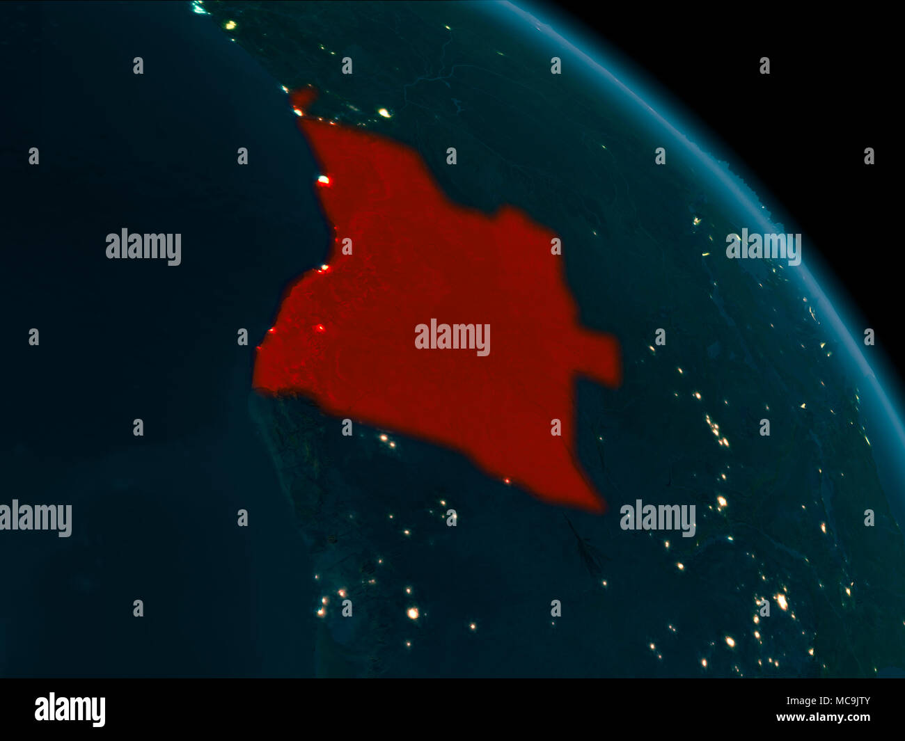Orbit view of Angola at night highlighted in red on planet Earth with highly detailed surface ...