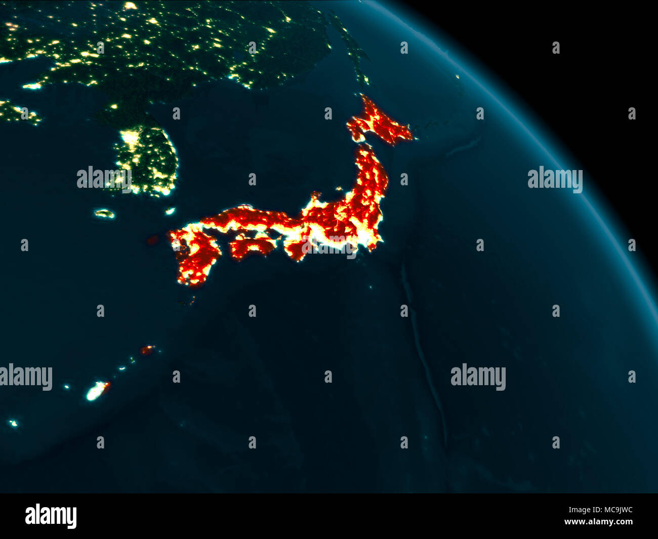 Orbit view of Japan at night highlighted in red on planet Earth with ...