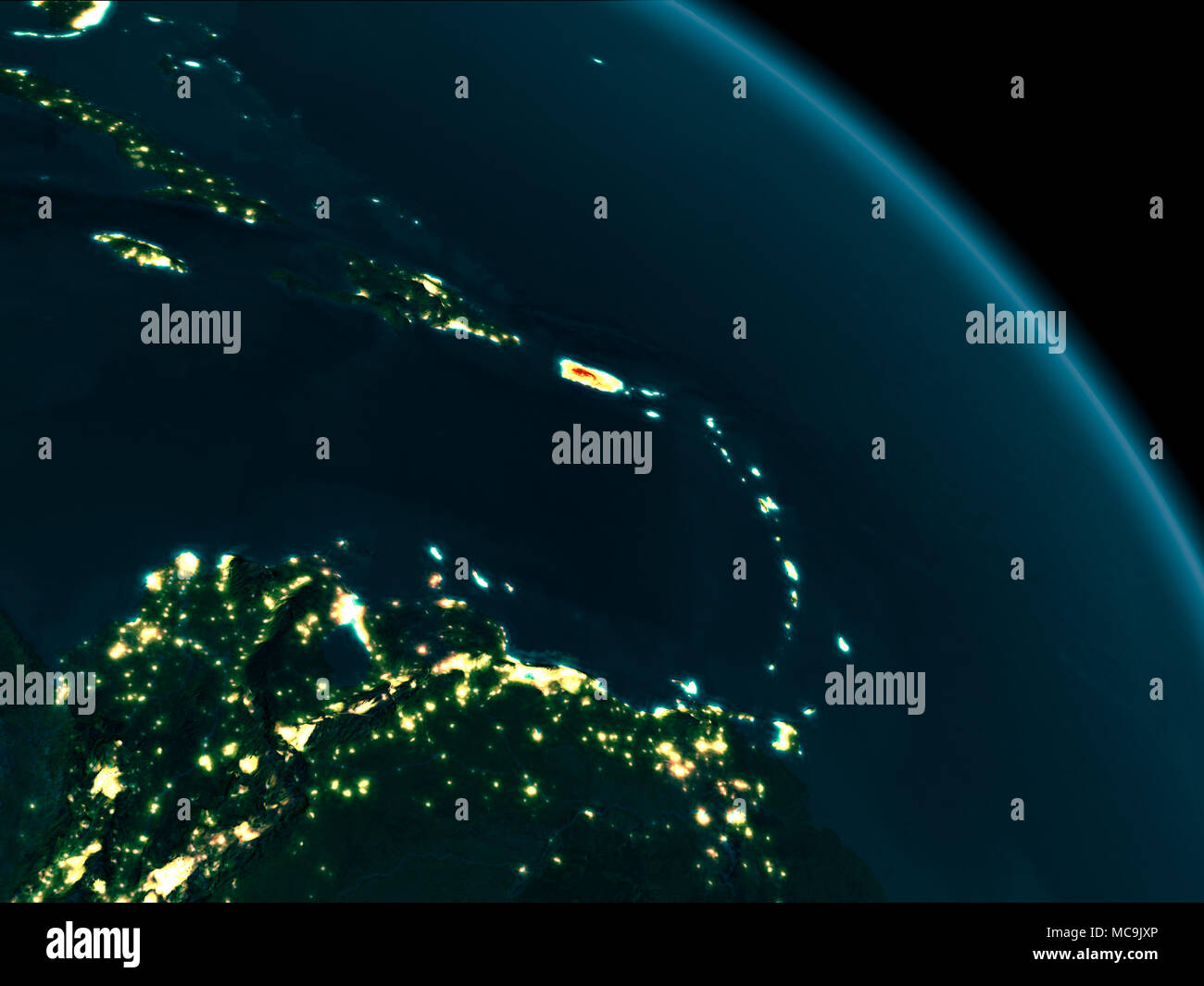 Orbit view of Puerto Rico at night highlighted in red on planet Earth ...
