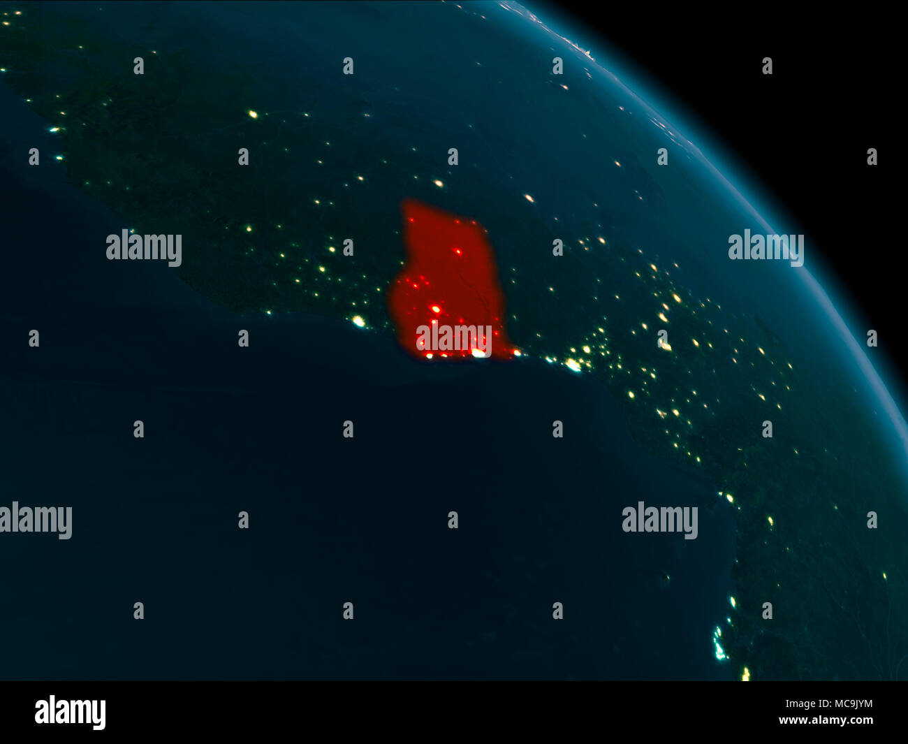 Orbit view of Ghana at night highlighted in red on planet Earth with ...