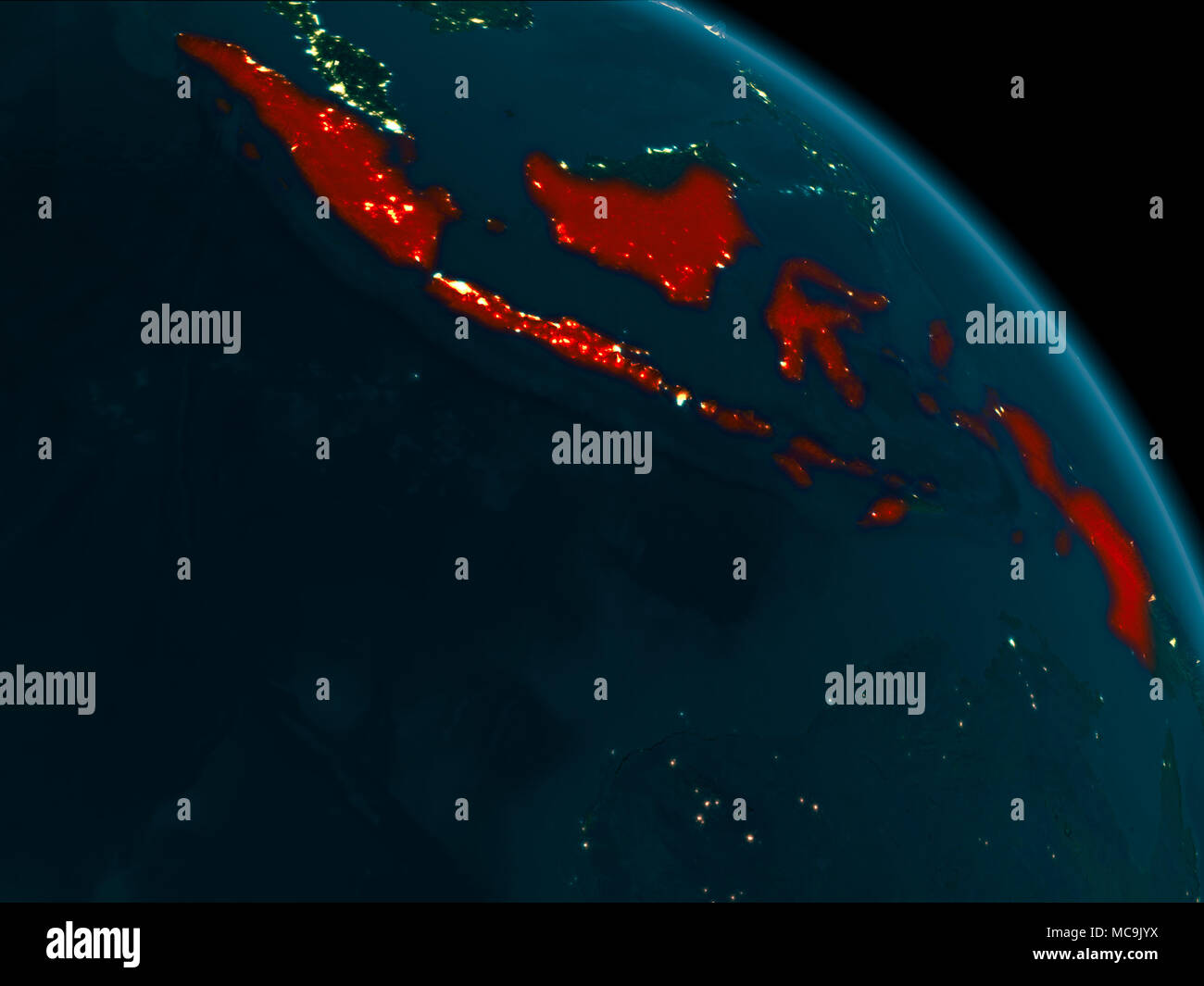 Orbit view of Indonesia at night highlighted in red on planet Earth ...